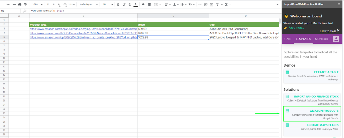 Amazon product scraper - ImportFromWeb step by step guide