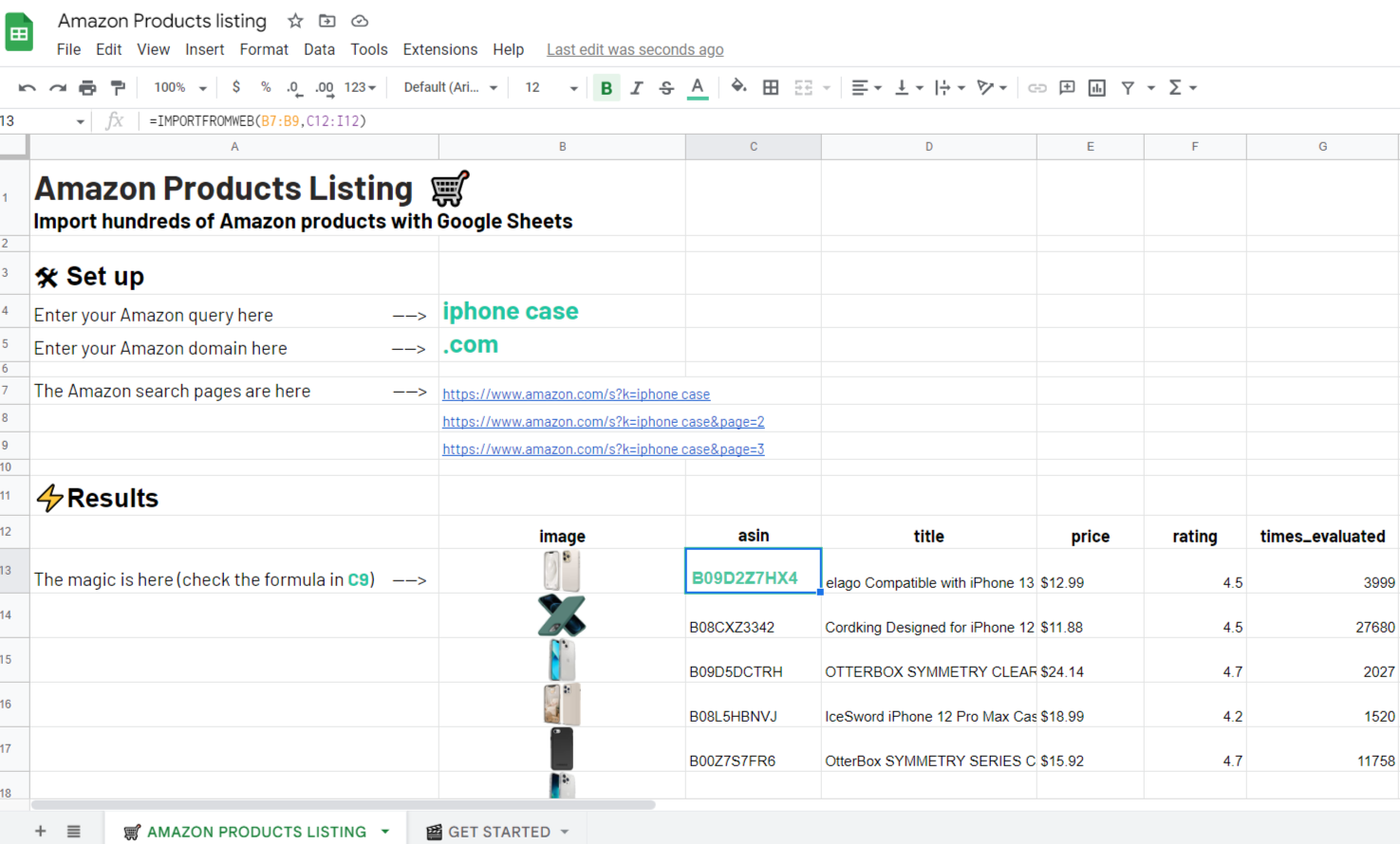 Amazon search scraper - ImportFromWeb step by step guide