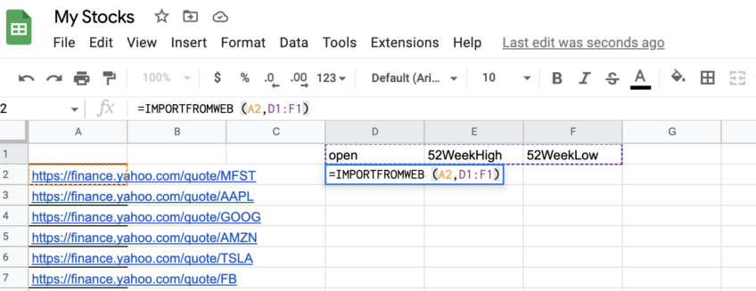 Google Sheets stock tracker - ImportFromWeb