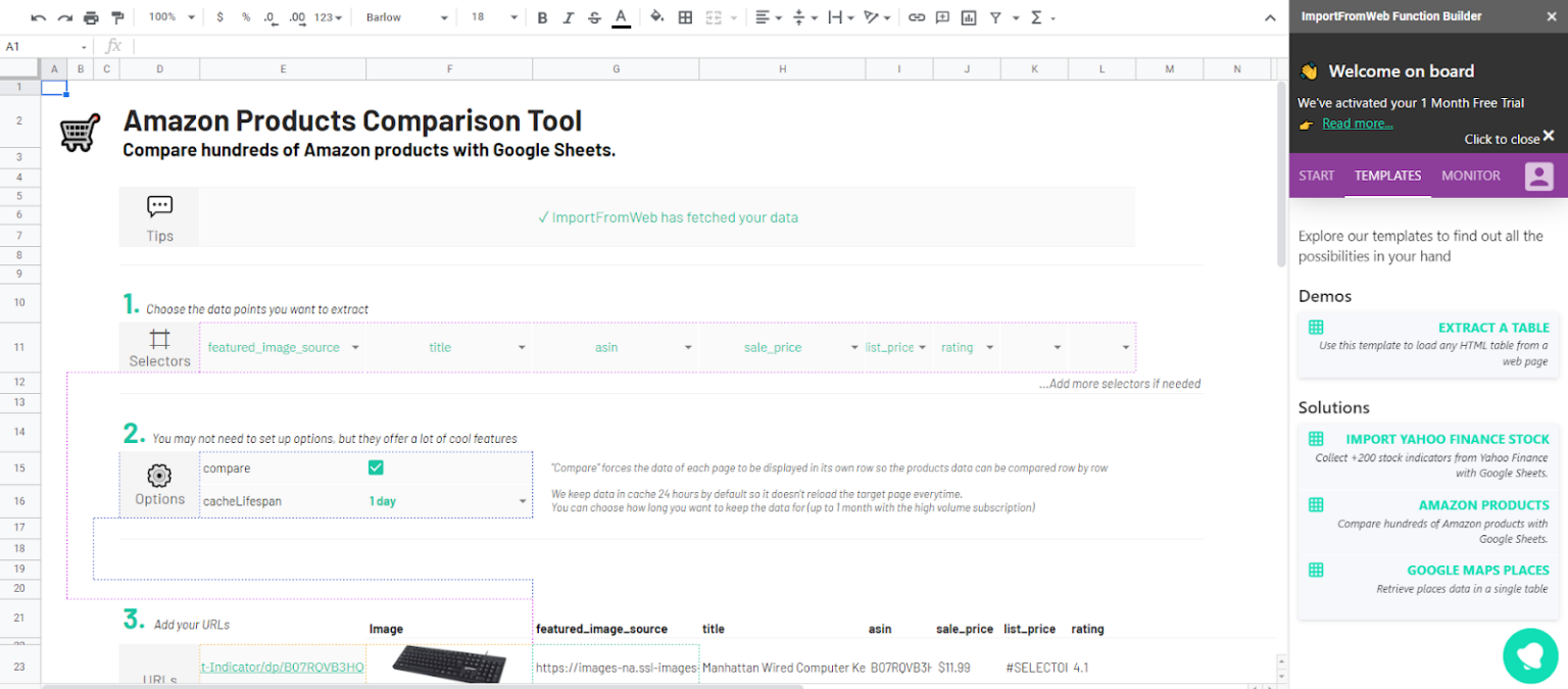 Amazon product scraper - ImportFromWeb step by step guide